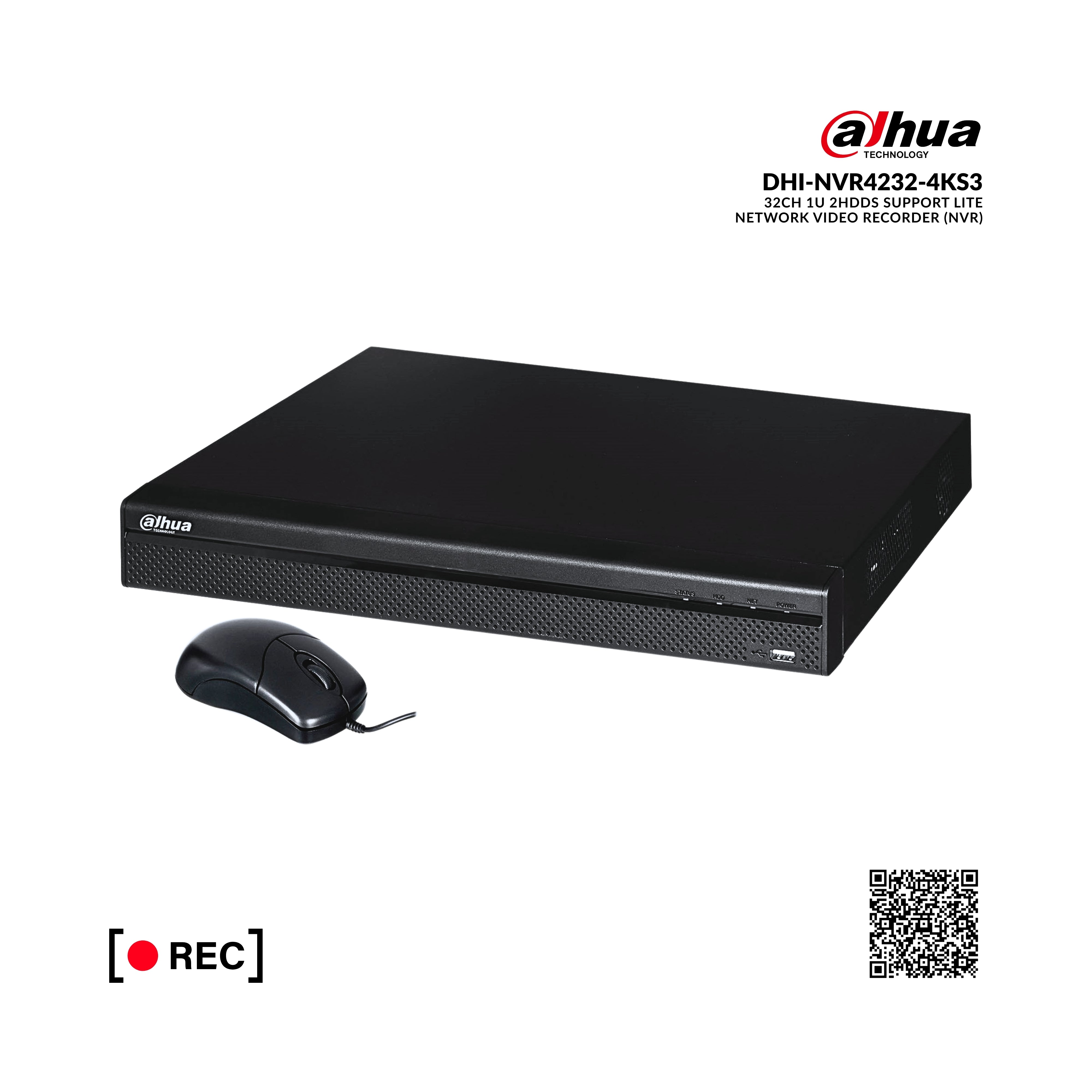 Black Dahua network video recorder with a mouse on a white background